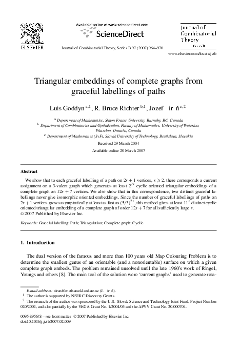 (PDF) Triangular embeddings of complete graphs from graceful labellings of paths