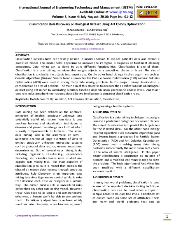 Pdf Classification Rule Discovery On Biological Dataset Using Ant Colony Optimization