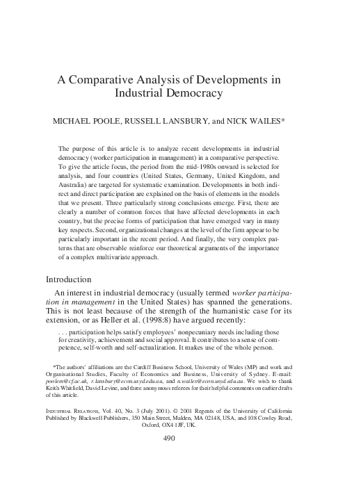 (PDF) A Comparative Analysis of Developments in Industrial Democracy