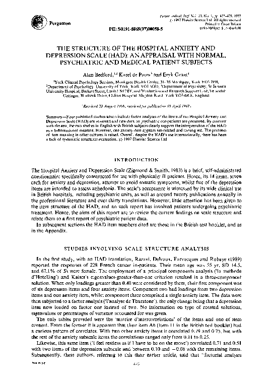 (PDF) The structure of the hospital anxiety and depression scale (HAD ...