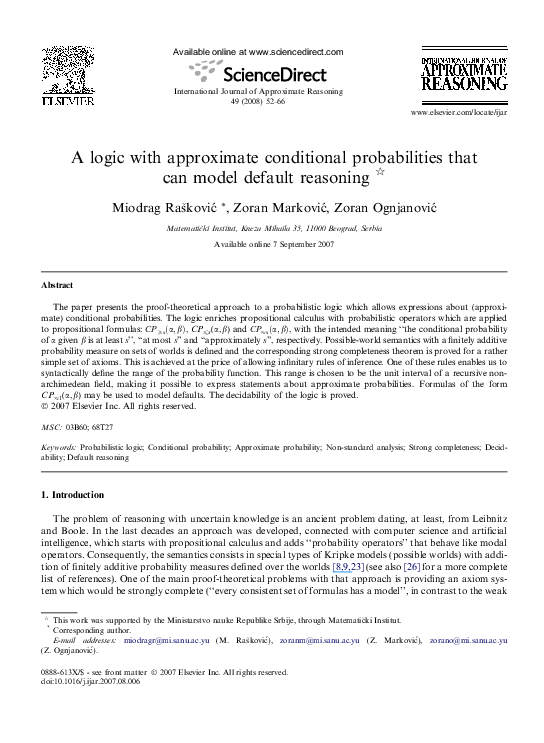 (PDF) A logic with approximate conditional probabilities that can model default reasoning