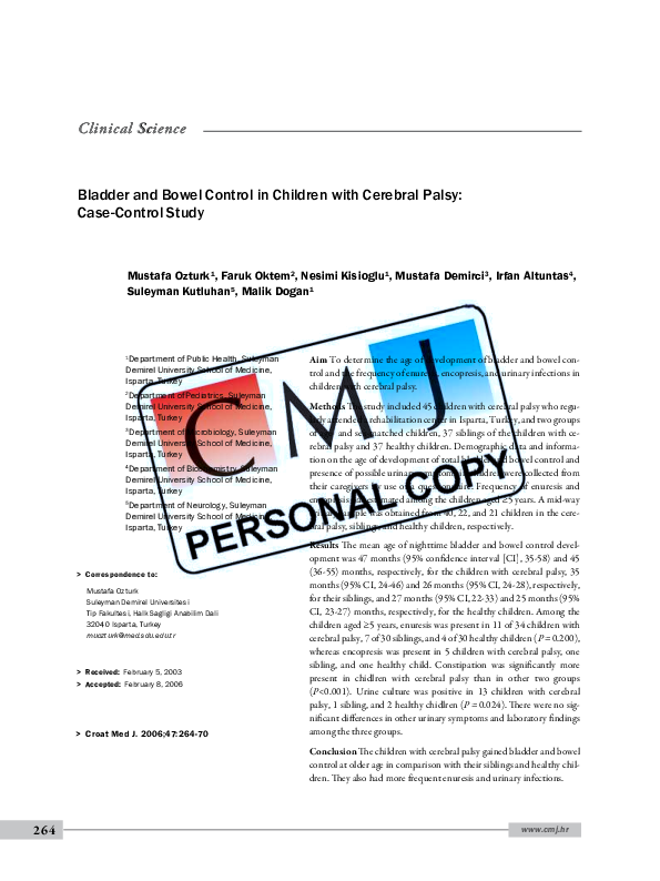 (PDF) Bladder and bowel control in children with cerebral palsy: case-control study