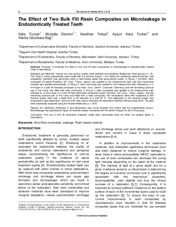 Pdf The Effect Of Two Bulk Fill Resin Composites On Microleakage In Endodontically Treated Teeth