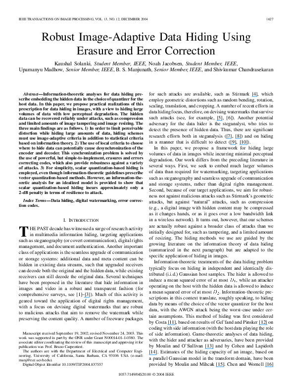 Pdf Robust Image Adaptive Data Hiding Using Erasure And Error Correction