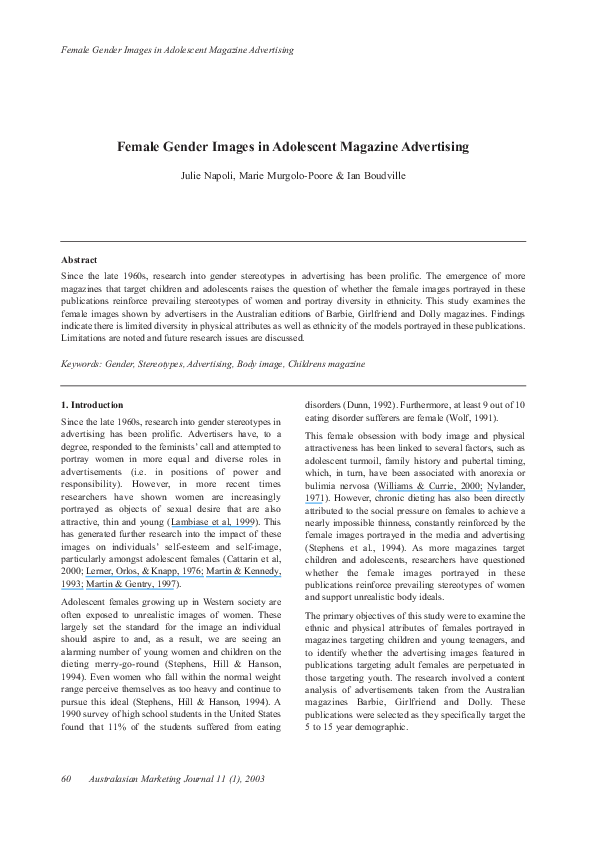 (PDF) Female Gender Images in Adolescent Magazine Advertising