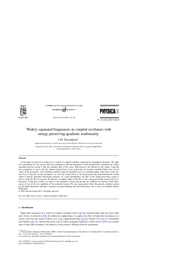 Pdf Widely Separated Frequencies In Coupled Oscillators With Energy Preserving Quadratic