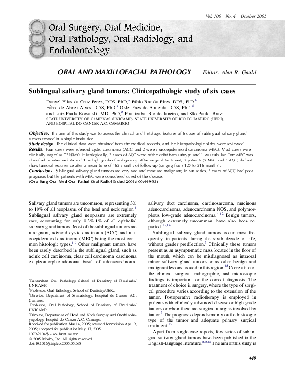 (PDF) Sublingual salivary gland tumors: Clinicopathologic study of six ...