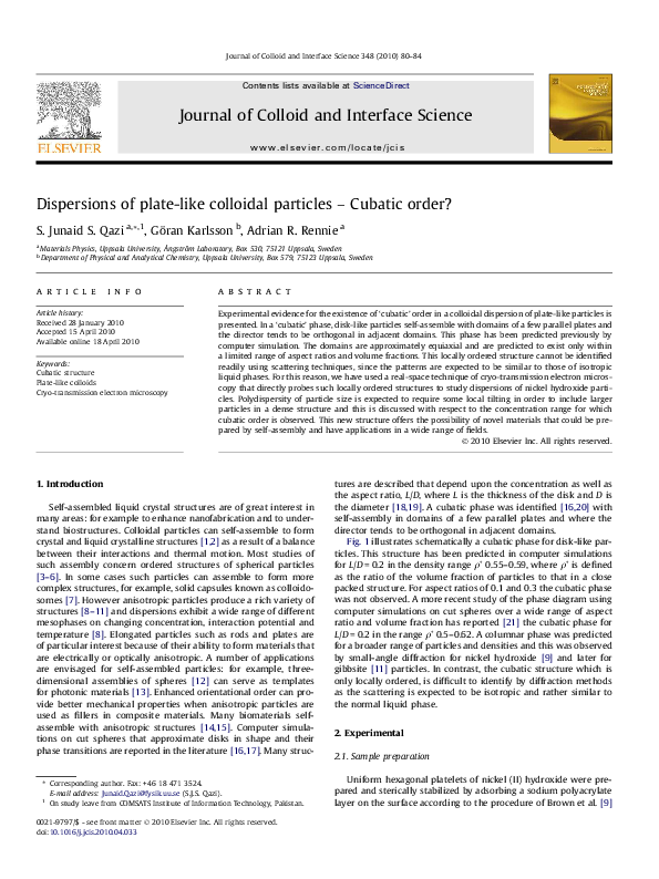 (PDF) Dispersions of plate-like colloidal particles – Cubatic order
