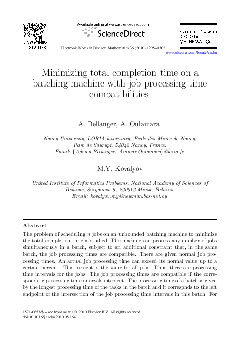 (PDF) Minimizing total completion time on a batching machine with job processing time ...