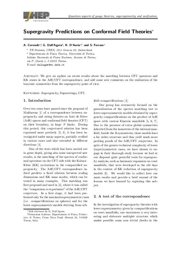 (PDF) Supergravity predictions on conformal field theories
