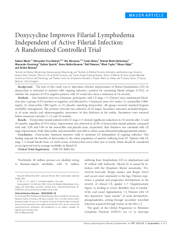 Pdf Doxycycline Improves Filarial Lymphedema Independent Of Active Filarial Infection A