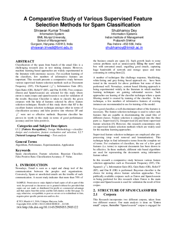 (PDF) A Comparative Study of Various Supervised Feature Selection Methods for Spam Classification