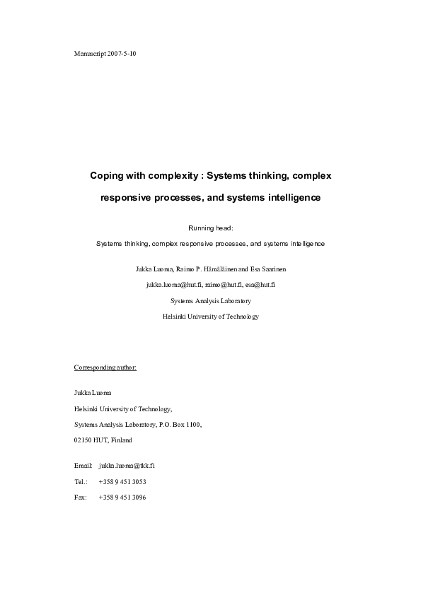 (PDF) Coping with complexity : Systems thinking, complex responsive processes, and systems ...