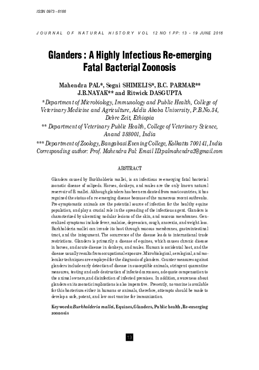 (PDF) Glanders: A highly infectious re-emerging bacterial zoonosis