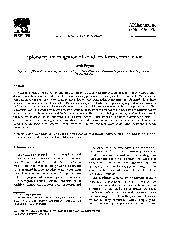 (PDF) Exploratory investigation of solid freeform construction
