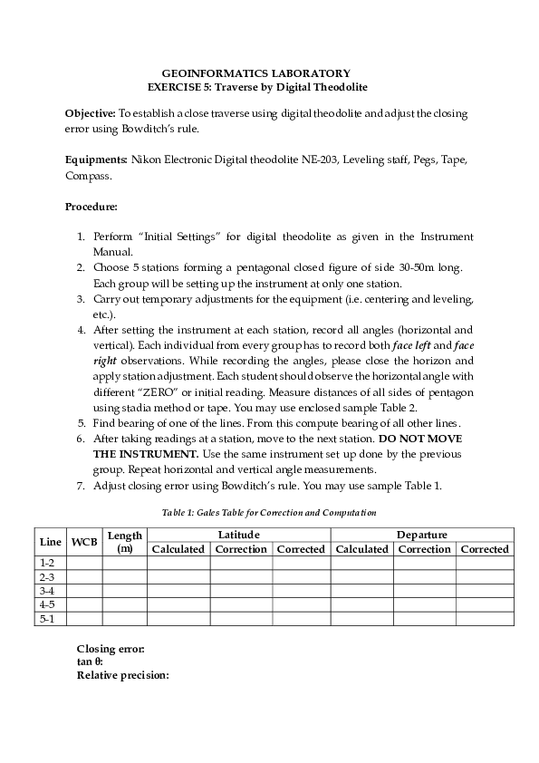 (PDF) GEOINFORMATICS LABORATORY EXERCISE 5: Traverse by Digital Theodolite