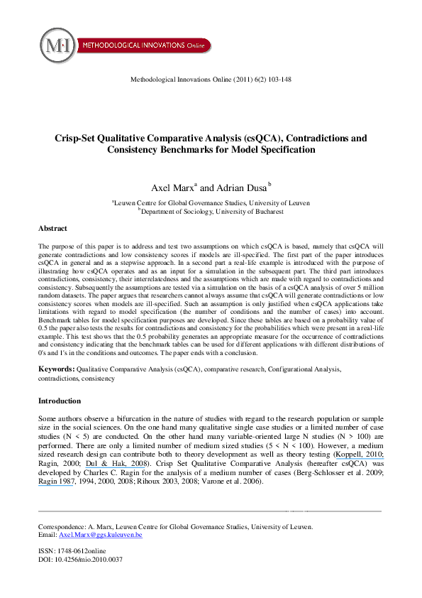 (PDF) Crisp-set qualitative comparative analysis (csQCA) and model specification: Benchmarks for ...