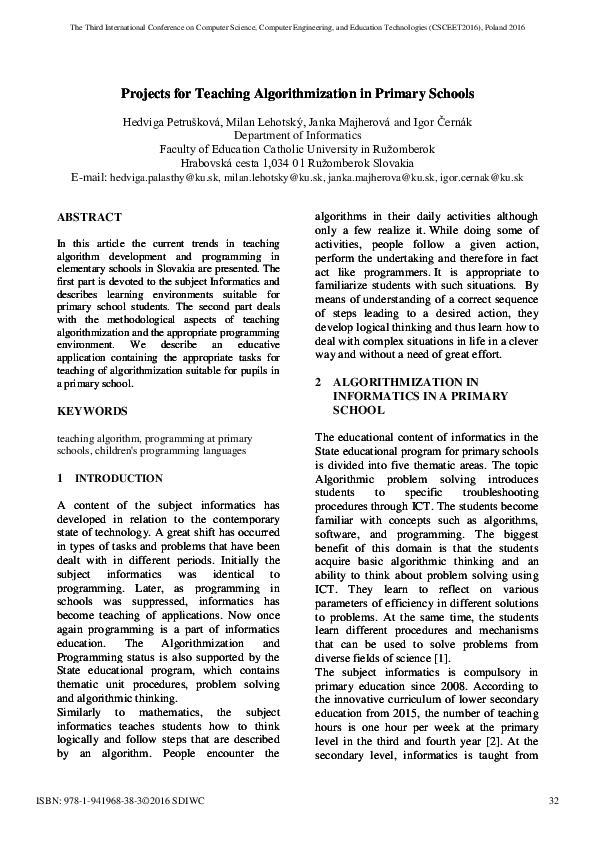 (PDF) Projects for Teaching Algorithmization in Primary Schools