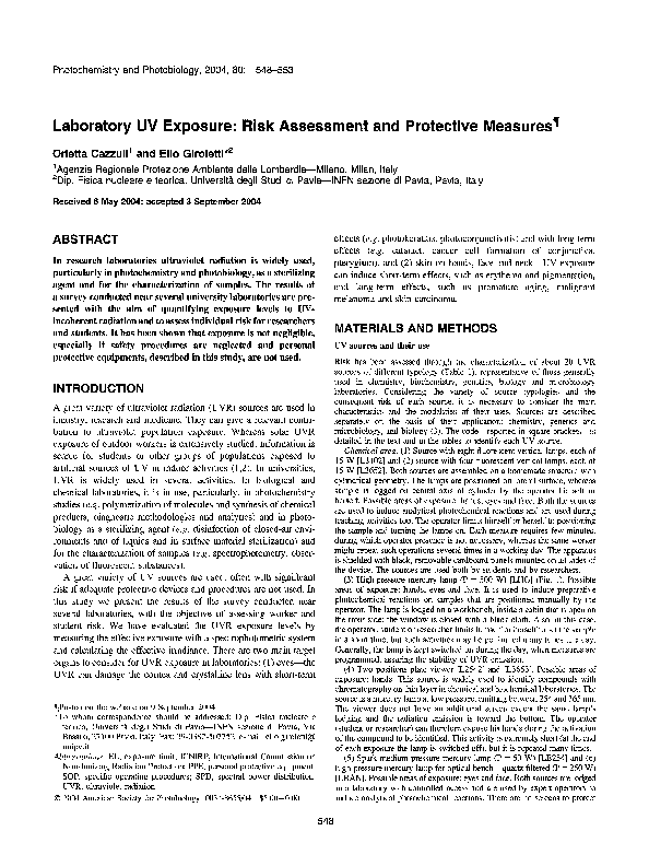 (PDF) Laboratory UV Exposure: Risk Assessment and Protective Measures¶