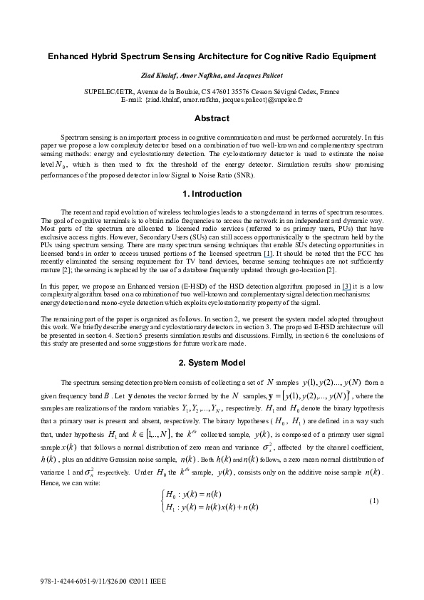 (PDF) Hybrid Spectrum Sensing Architecture for Cognitive Radio Equipment
