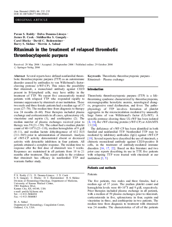 (PDF) Rituximab in the treatment of relapsed thrombotic ...