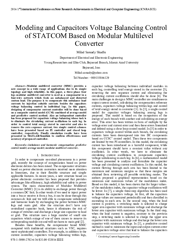Pdf Modeling And Capacitors Voltage Balancing Control Of Statcom Based On Modular Multilevel