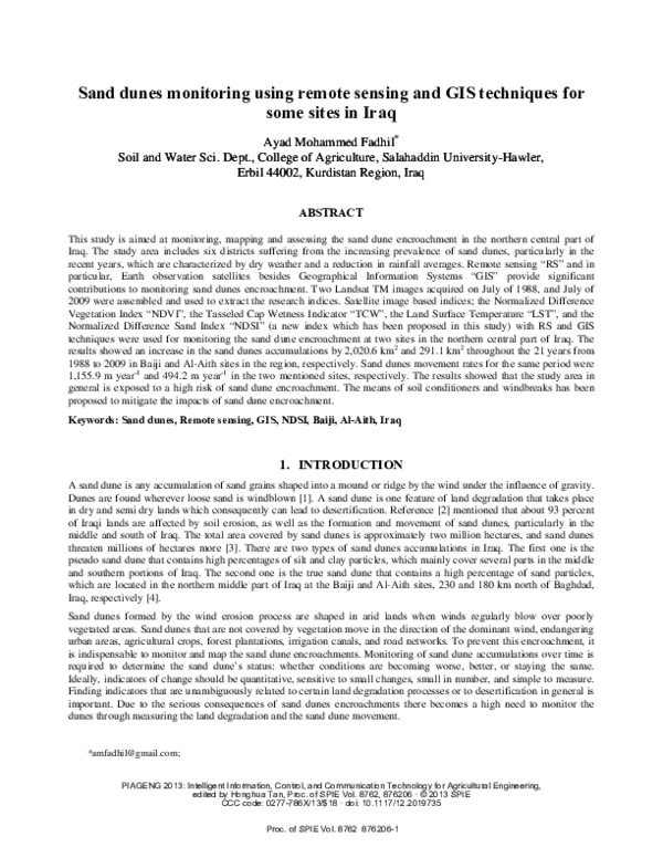 Pdf Sand Dunes Monitoring Using Remote Sensing And Gis Techniques For Some Sites In Iraq