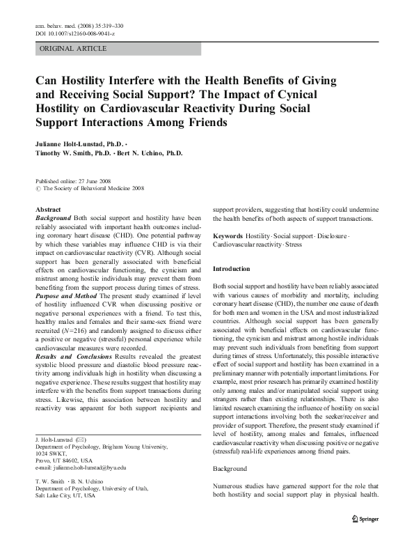 (PDF) Can Hostility Interfere with the Health Benefits of Giving and ...