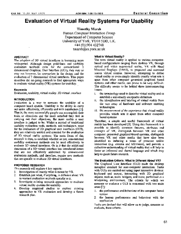(PDF) Evaluation of virtual reality systems for usability