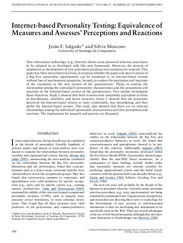 (PDF) Internet-based Personality Testing: Equivalence of Measures and ...
