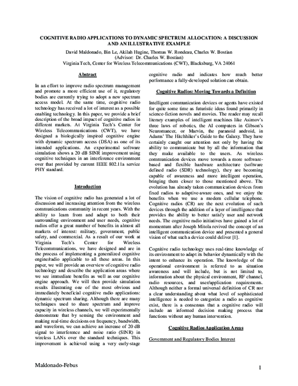 Pdf Cognitive Radio Applications To Dynamic Spectrum Allocation A Discussion And An