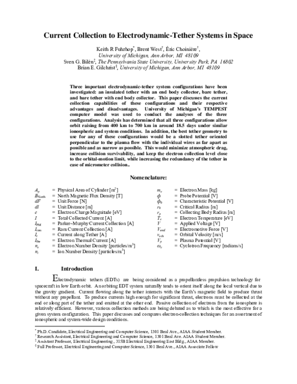 (PDF) Current Collection to Electrodynamic Tether Systems in Space
