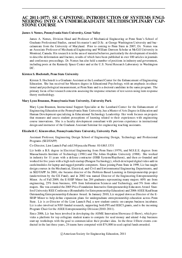 (PDF) Ac 2011-1077: Se Capstone: Introduction of Systems Engineering Into an Undergraduate ...