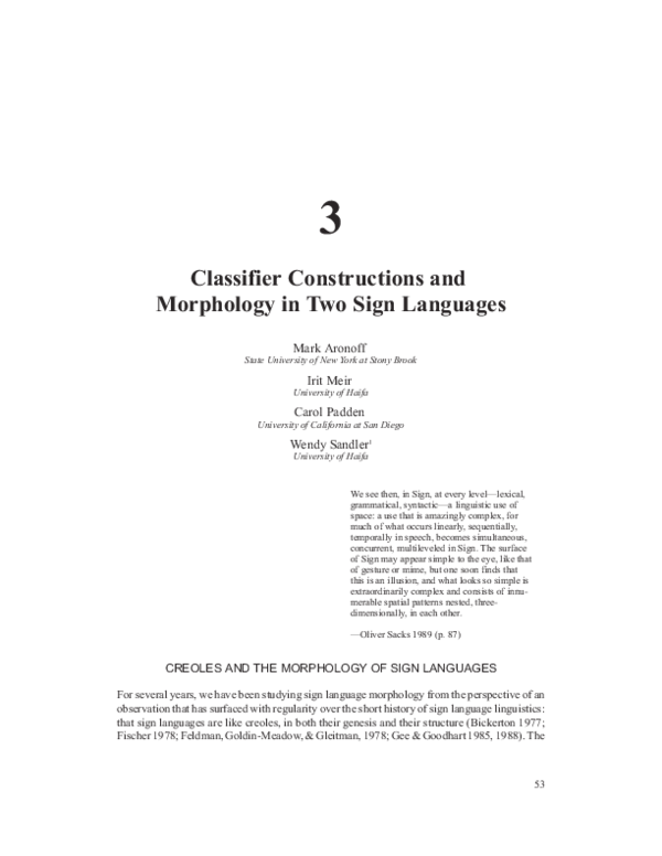 (PDF) Classifier Constructions and Morphology in Two Sign Languages