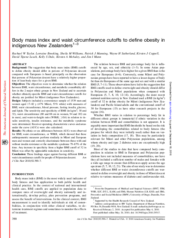 (PDF) Body mass index and waist circumference cutoffs to define obesity in indigenous New Zealanders