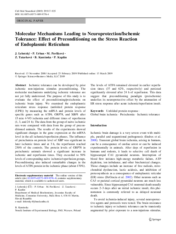 (PDF) Molecular Mechanisms Leading to Neuroprotection/Ischemic Tolerance: Effect of ...