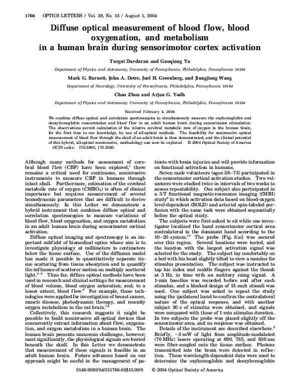 (PDF) Diffuse optical measurement of blood flow, blood oxygenation, and metabolism in a human ...