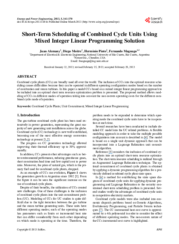 (PDF) Short-Term Scheduling of Combined Cycle Units Using Mixed Integer Linear Programming Solution