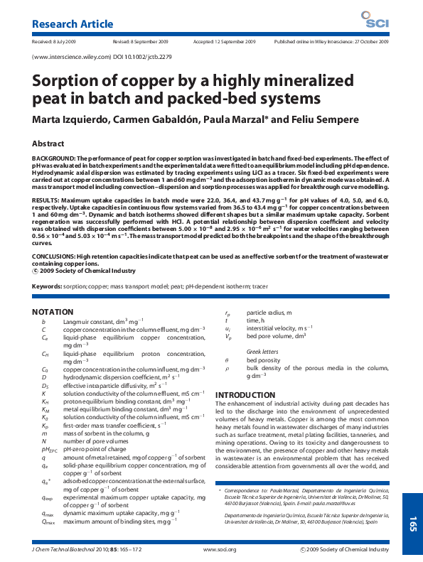 (PDF) Sorption of copper by a highly mineralized peat in batch and ...
