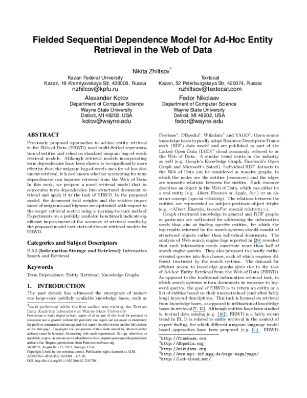 (PDF) Fielded Sequential Dependence Model for Ad-Hoc Entity Retrieval in the Web of Data