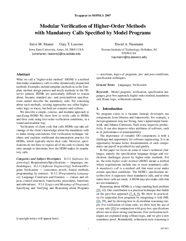 (PDF) Modular verification of higher-order methods with mandatory calls specified by model programs