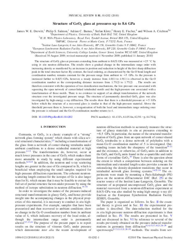 (PDF) Structure of GeO2 glass at pressures up to 8.6 GPa