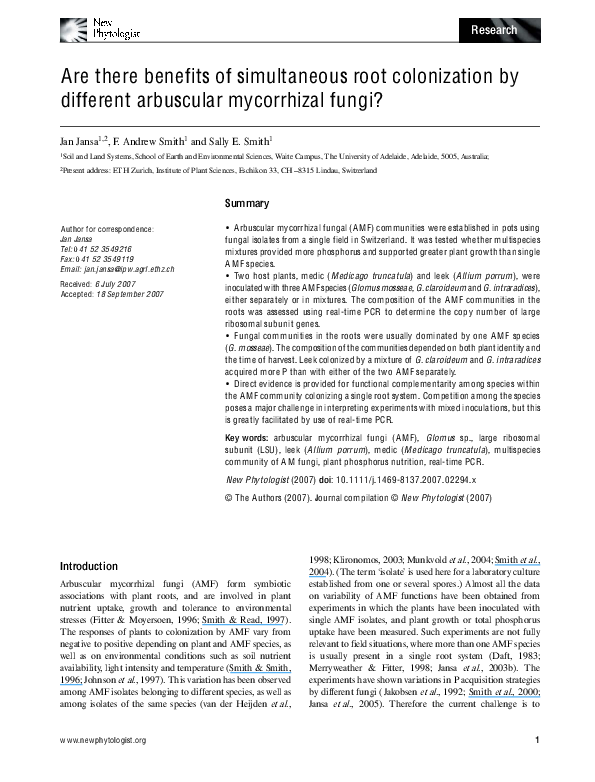 (PDF) Are there benefits of simultaneous root colonization by different arbuscular mycorrhizal fungi
