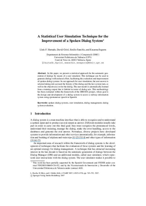 (PDF) A Statistical User Simulation Technique for the Improvement of a Spoken Dialog System