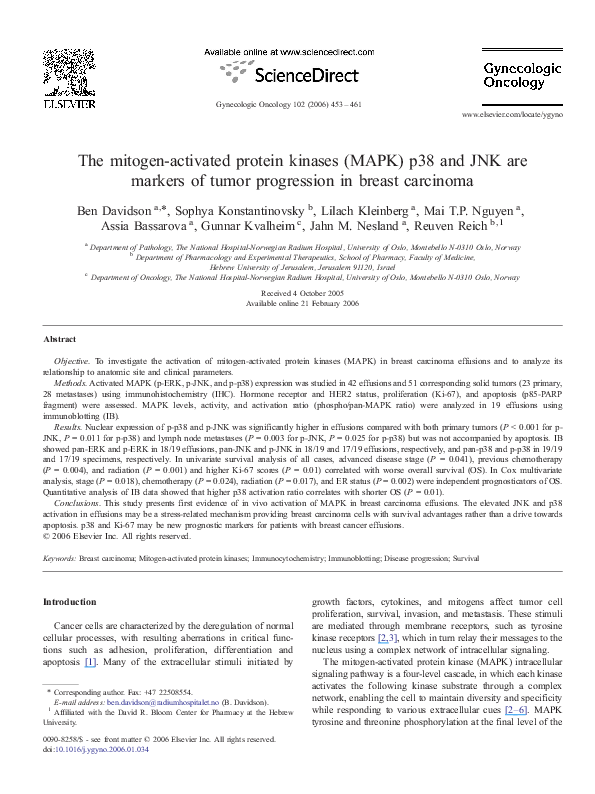 (PDF) The mitogen-activated protein kinases (MAPK) p38 and JNK are markers of tumor progression ...