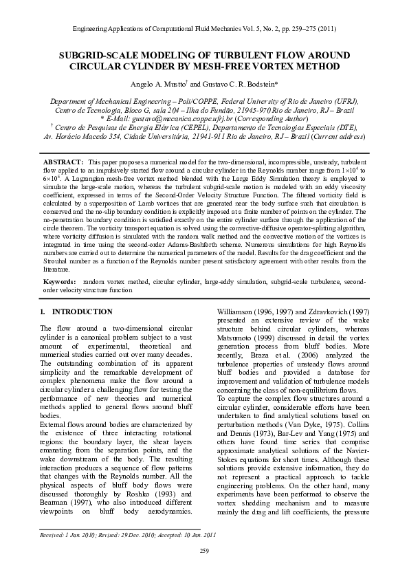 (PDF) Subgrid-Scale Modeling of Turbulent Flow around Circular Cylinder by Mesh-Free Vortex Method