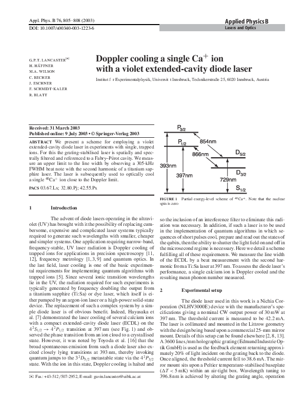 (PDF) Doppler Cooling of a Single 40Ca+ Ion