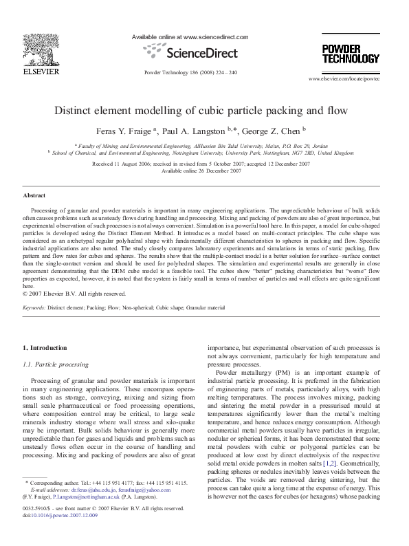 (PDF) Distinct element modelling of cubic particle packing and flow