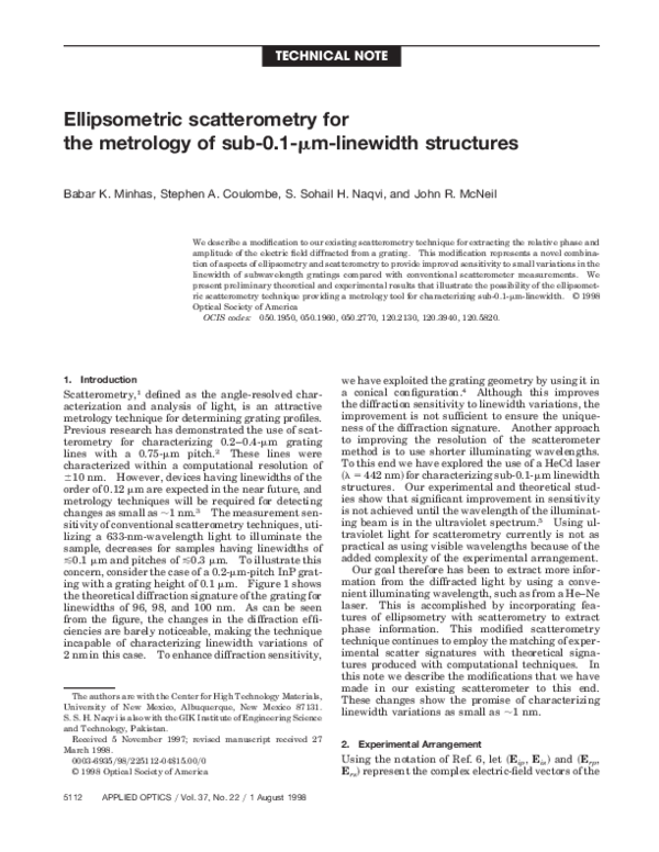 (PDF) Ellipsometric Scatterometry for the Metrology of Sub0.1- m ...