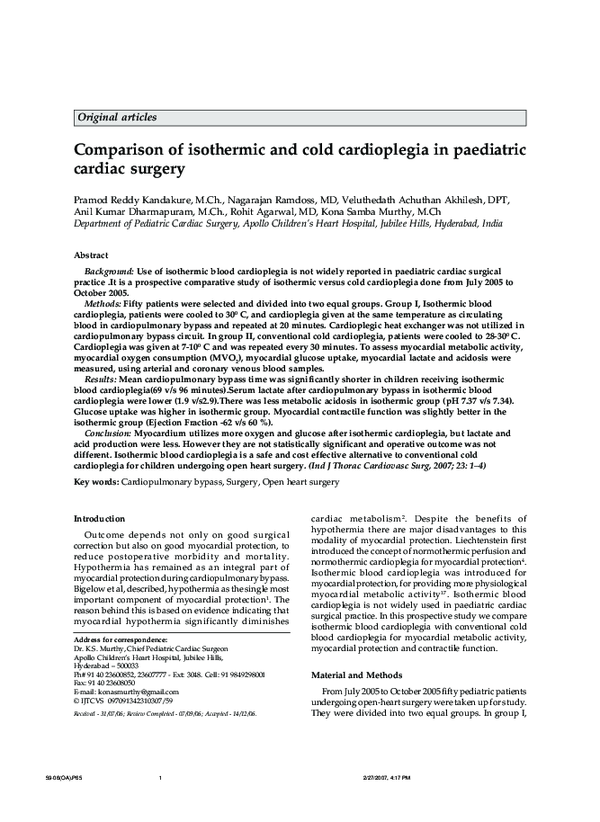 (PDF) Comparison of isothermic and cold cardioplegia in paediatric ...